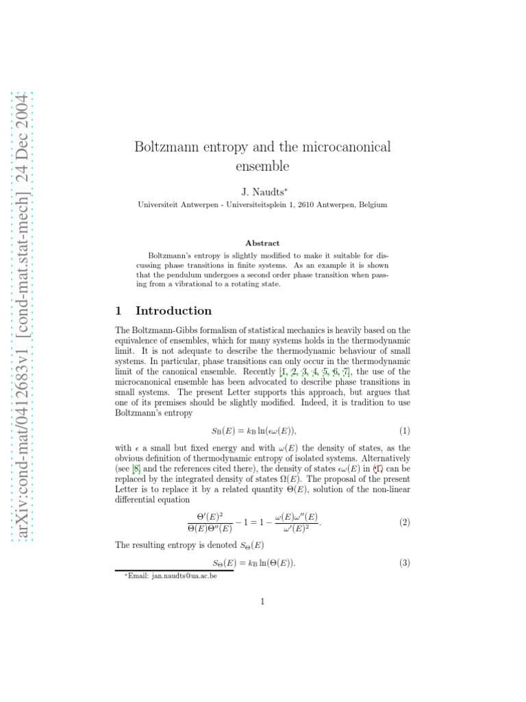 Boltzmann Entropy and The Microcanonical Ensemble: J. Naudts | PDF | Entropy | Thermodynamic ...
