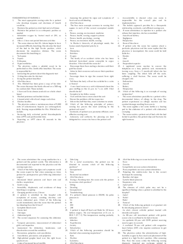 Fundamentals of Nursing Questions and Answer Key | PDF | Chronic ...
