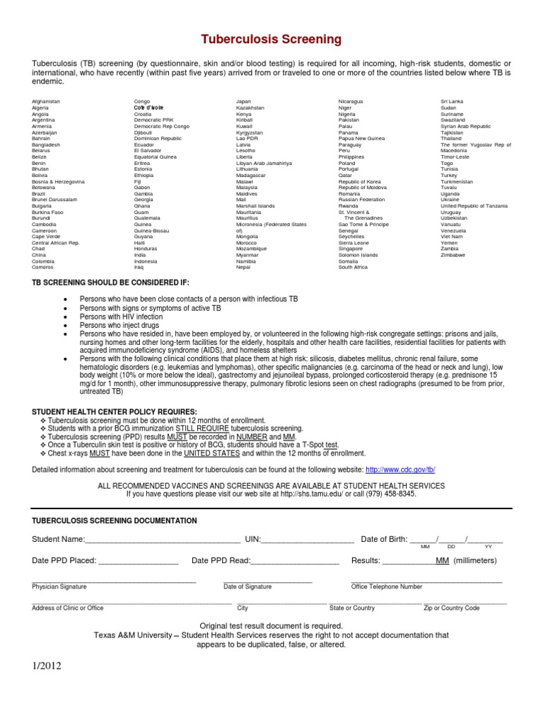 TAMU Tuberculosis Screening Requirements | PDF | Tuberculosis | Immunology