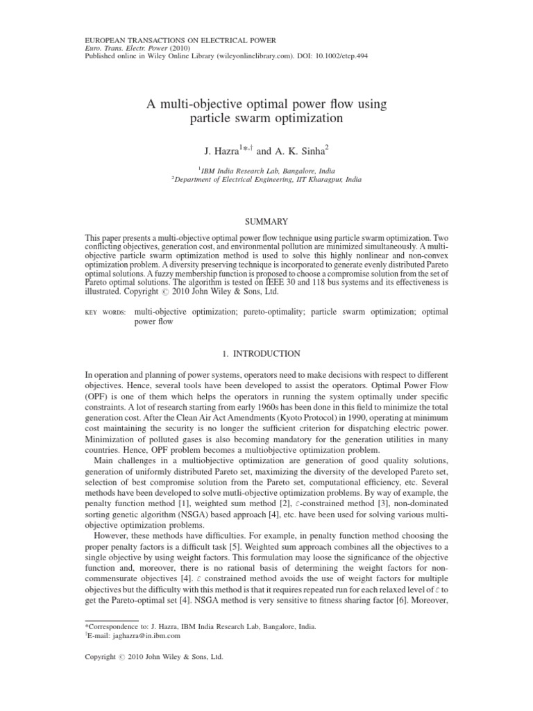 A Multi Objective Optimal Power Flow Using Particle Swarm Optimization Pdf Mathematical