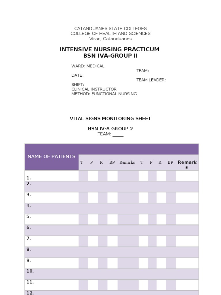 Vital Signs Monitoring Sheet Template | PDF