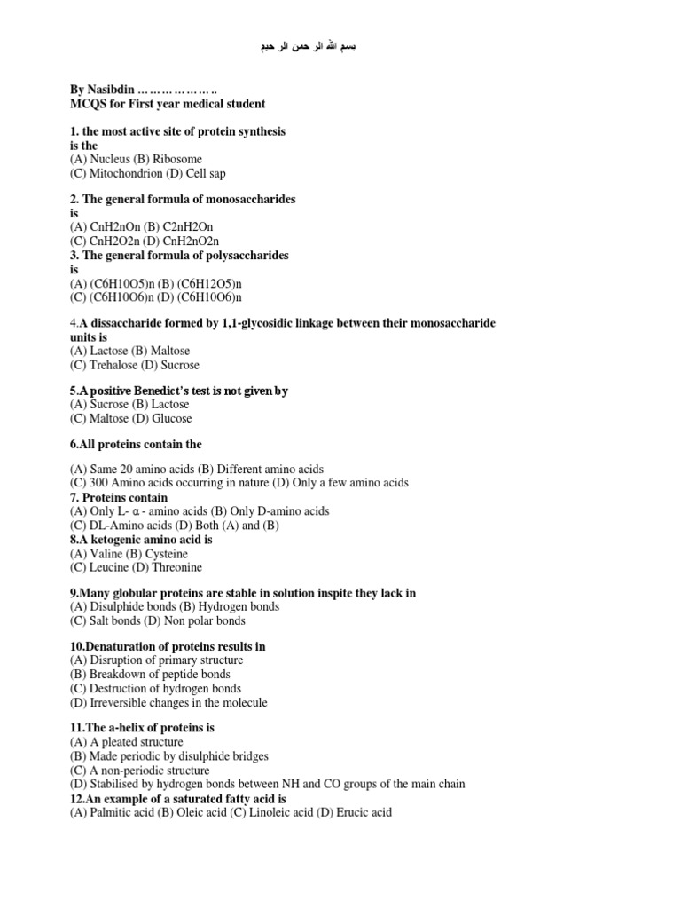 Mcqs Biochemistry Pdf Enzyme Proteins