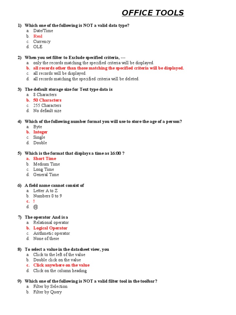Office Tool MCQs | PDF | Data Type | Database Index