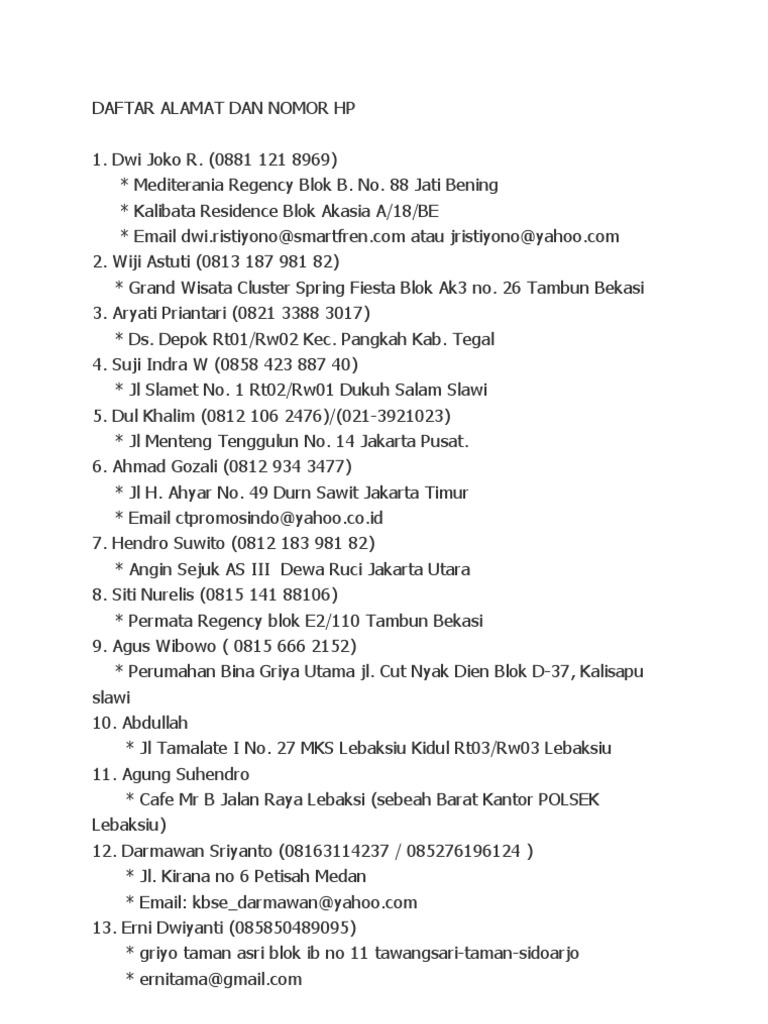 Daftar Alamat Dan Nomor HP PDF | PDF