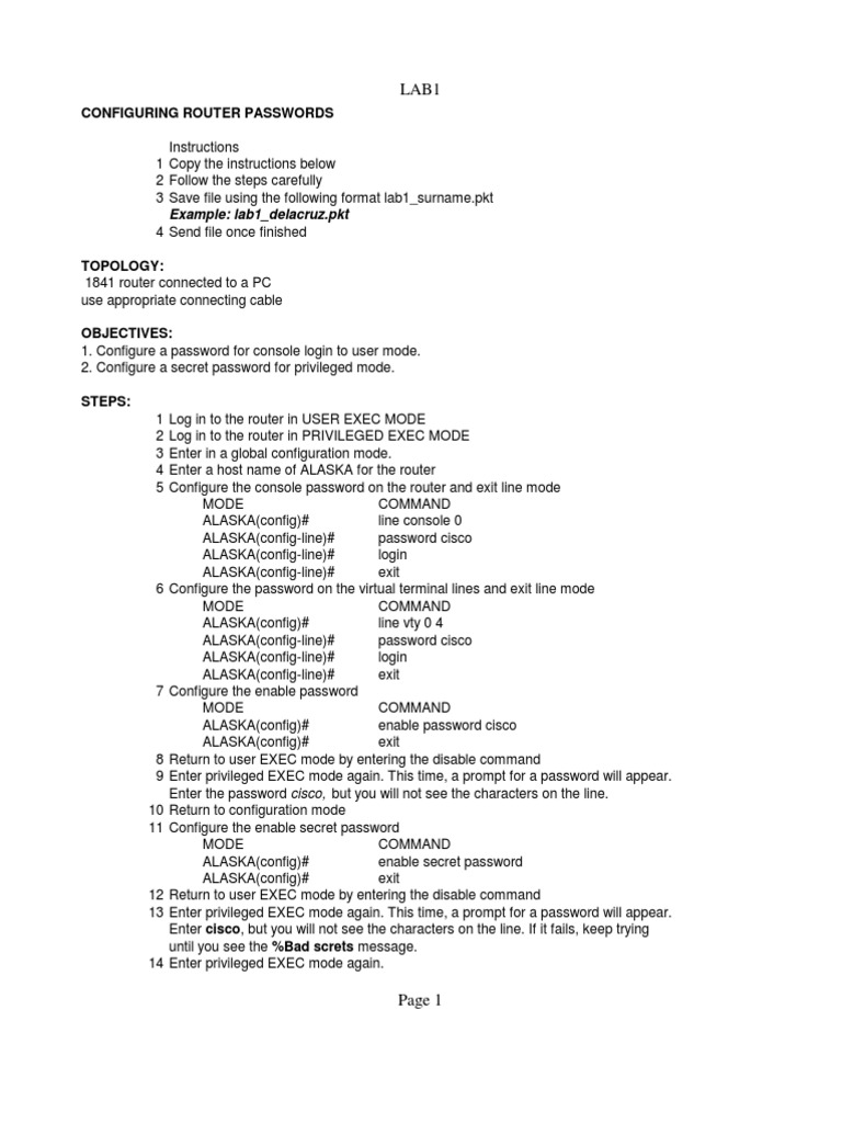 Cisco 2 Lab 1 | PDF | Router (Computing) | Command Line Interface