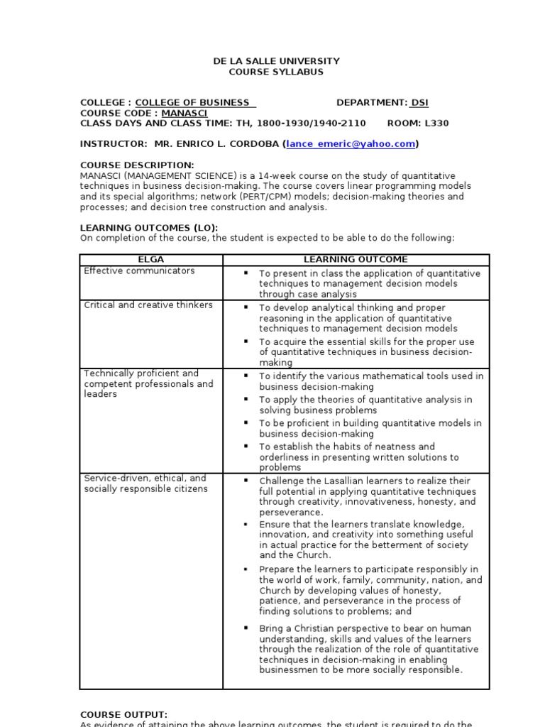 DLSU Manasci Undergrad Syllabus | PDF | Linear Programming | Operations Research