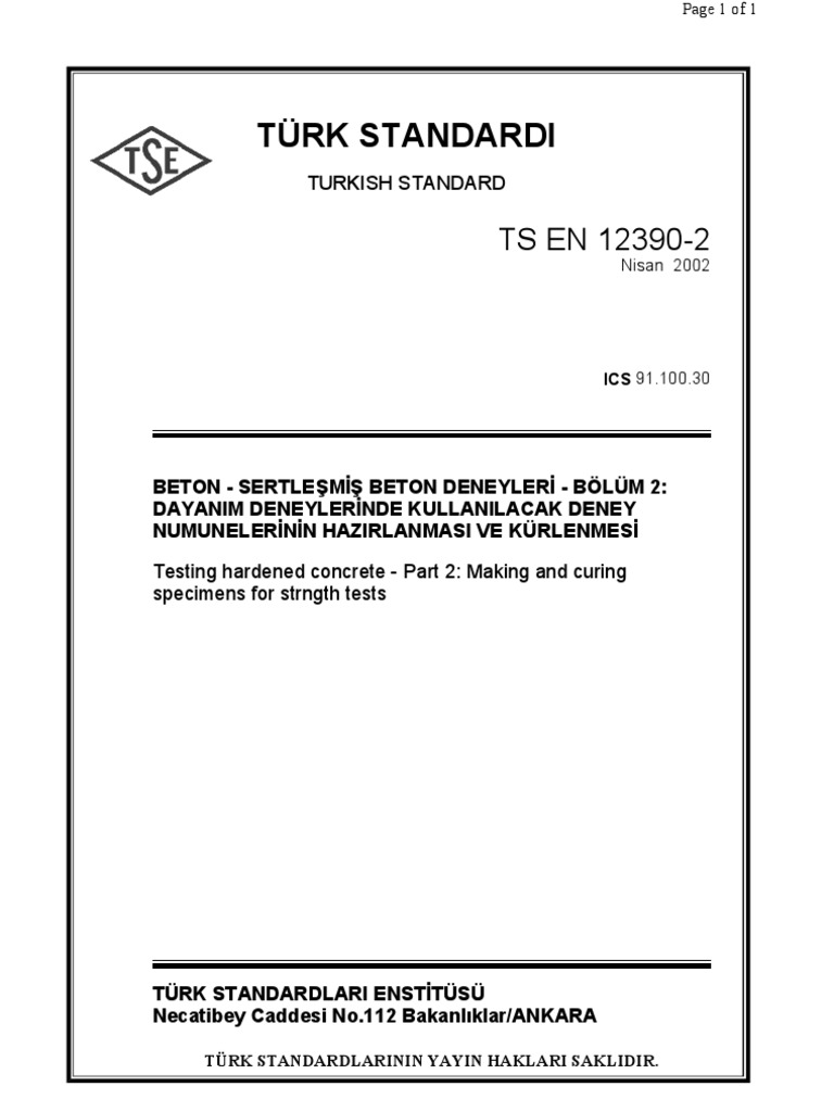 TS EN 12390-2 Beton - Sertlesmis Beton Deneyleri - Bölüm 2 | PDF