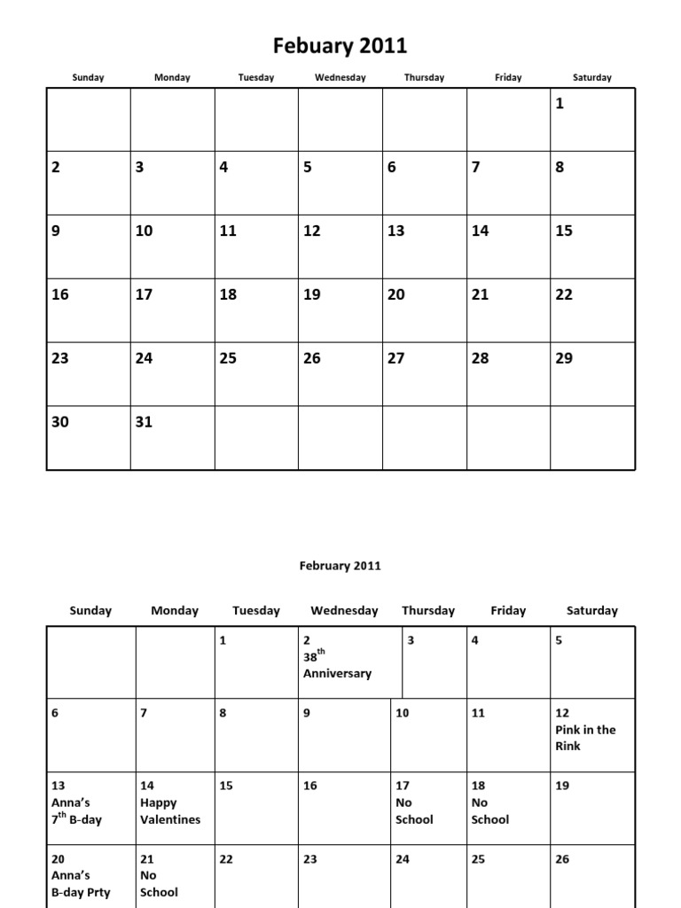 Febuary 2011: Sunday Monday Tuesday Wednesday Thursday Friday Saturday ...