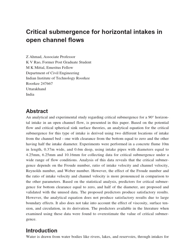 Critical Submergence For Horizontal Intakes in Open Channel Flows | PDF