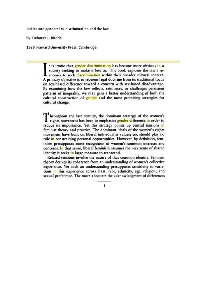 Justice and Gender: Sex Discrimination and The Law By: Deborah L. Rhode ...