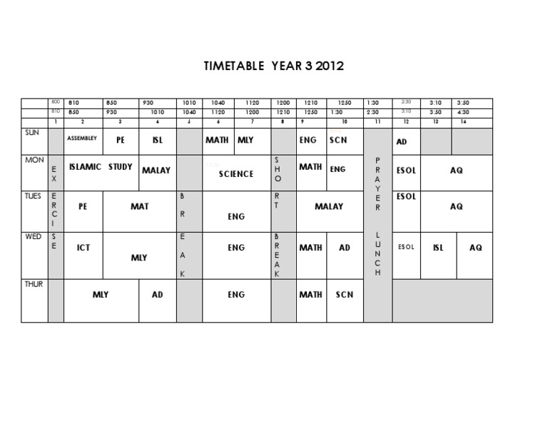 Timetable Year 3 2012: PE ISL Math MLY ENG SCN Islamic Study Malay ...