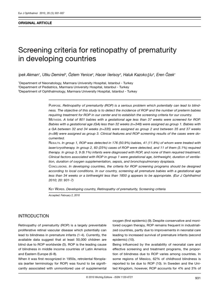 Screening Criteria For Retinopathy of Prematurity in Developing ...