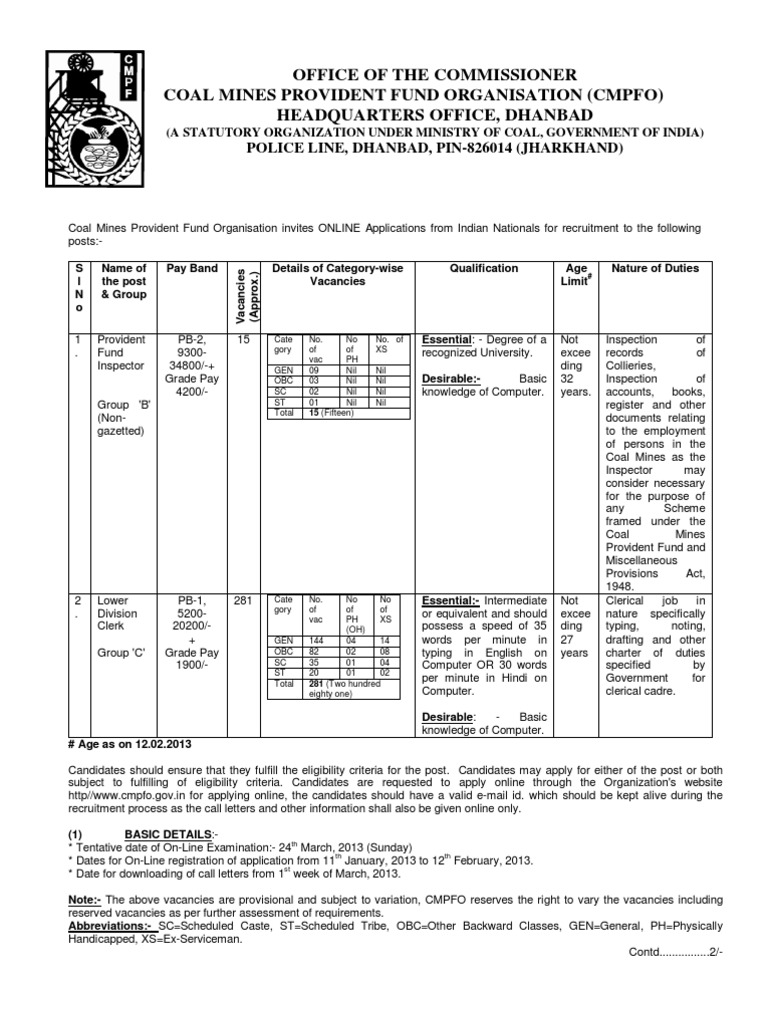 Office of The Commissioner Coal Mines Provident Fund Organisation ...