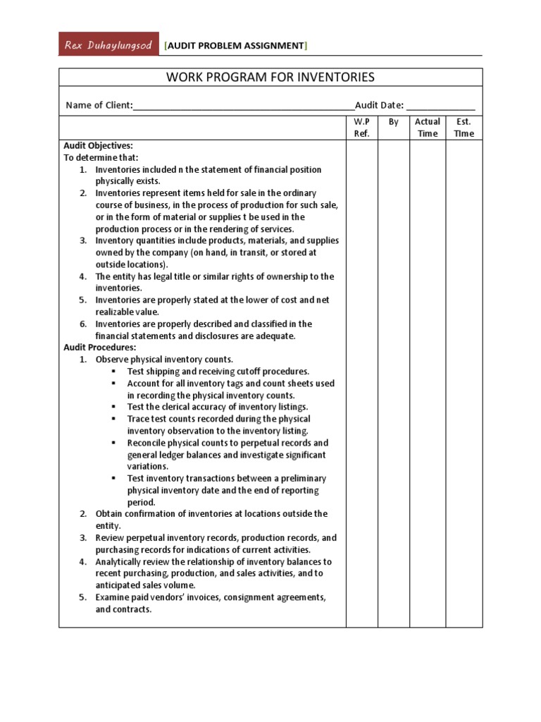 audit program for inventories | Inventory | Balance Sheet