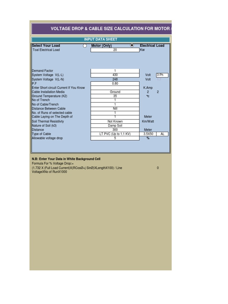 Cable Design XL Sheet | PDF | Voltage | Duct (Flow)