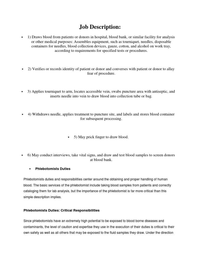 Job Description:: Phlebotomists Duties | PDF | Medicine | Medical ...