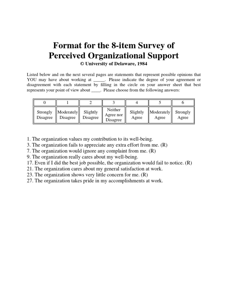 Format For The 8-Item Survey of Perceived Organizational Support | PDF