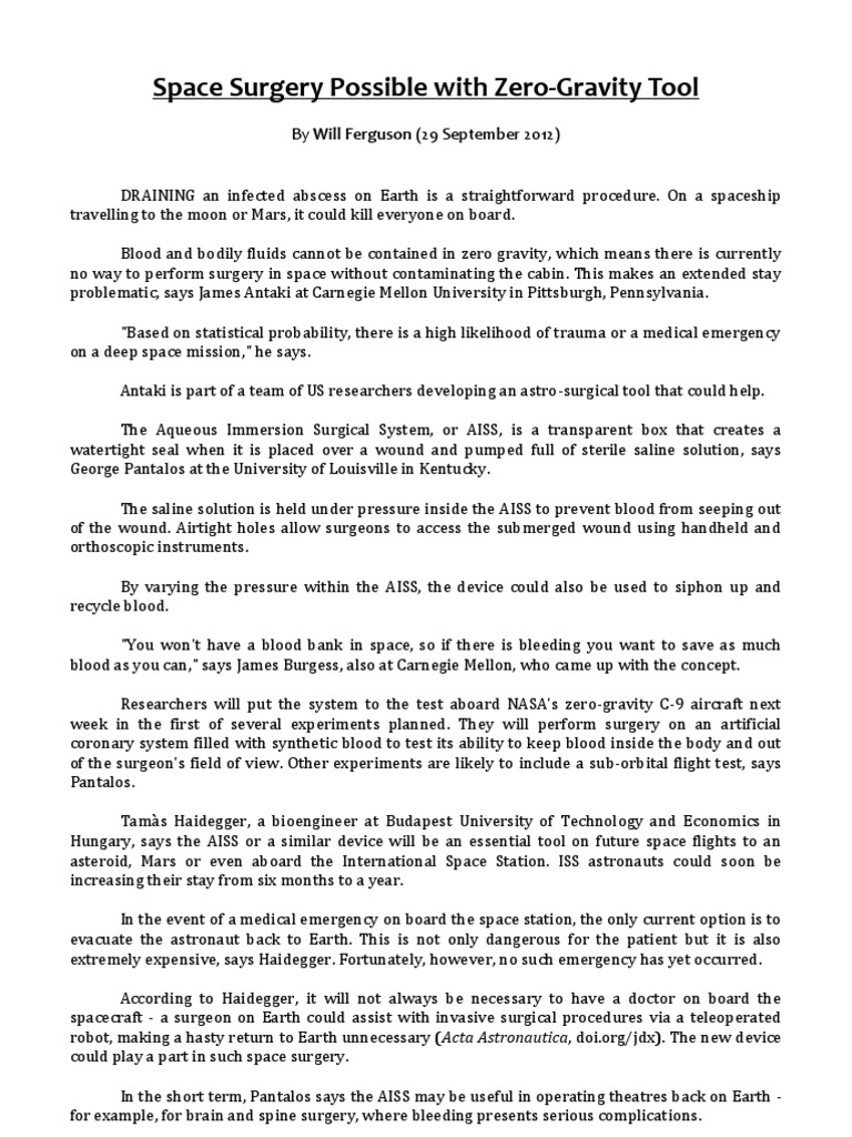 Space Surgery Possible With Zero-Gravity Tool | PDF | Endoscopy | Surgery