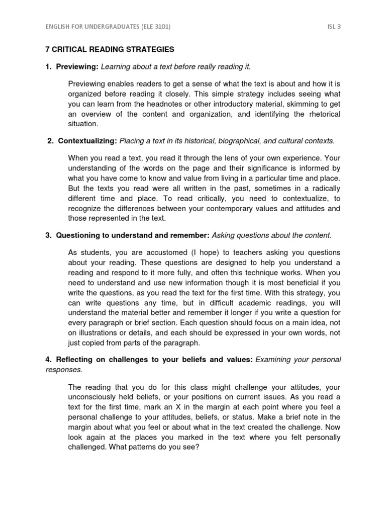 7 Critical Reading Strategies Explained | PDF | Argument | Reading ...