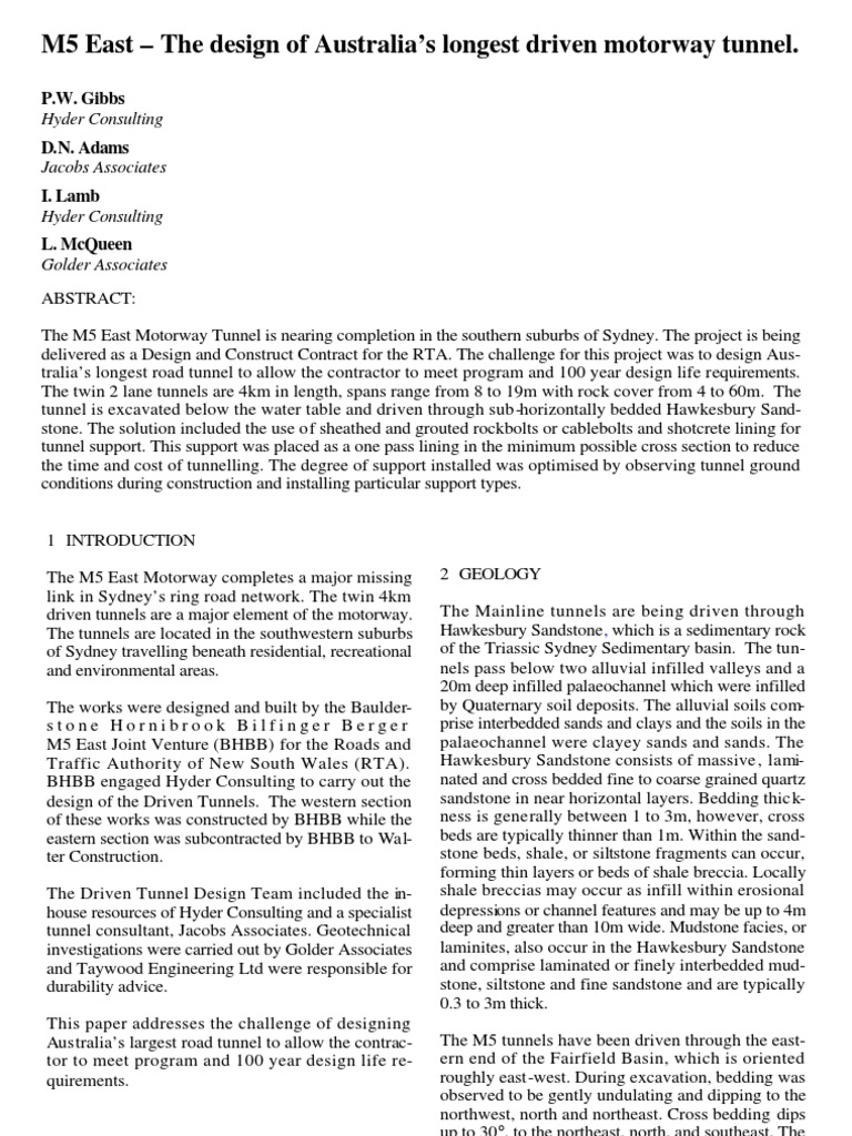 M5 East Motorway Tunnel Design Insights | PDF | Sedimentary Rock | Tunnel