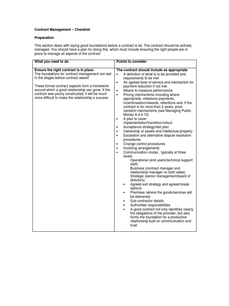 Contract Management - Checklist Preparation | PDF