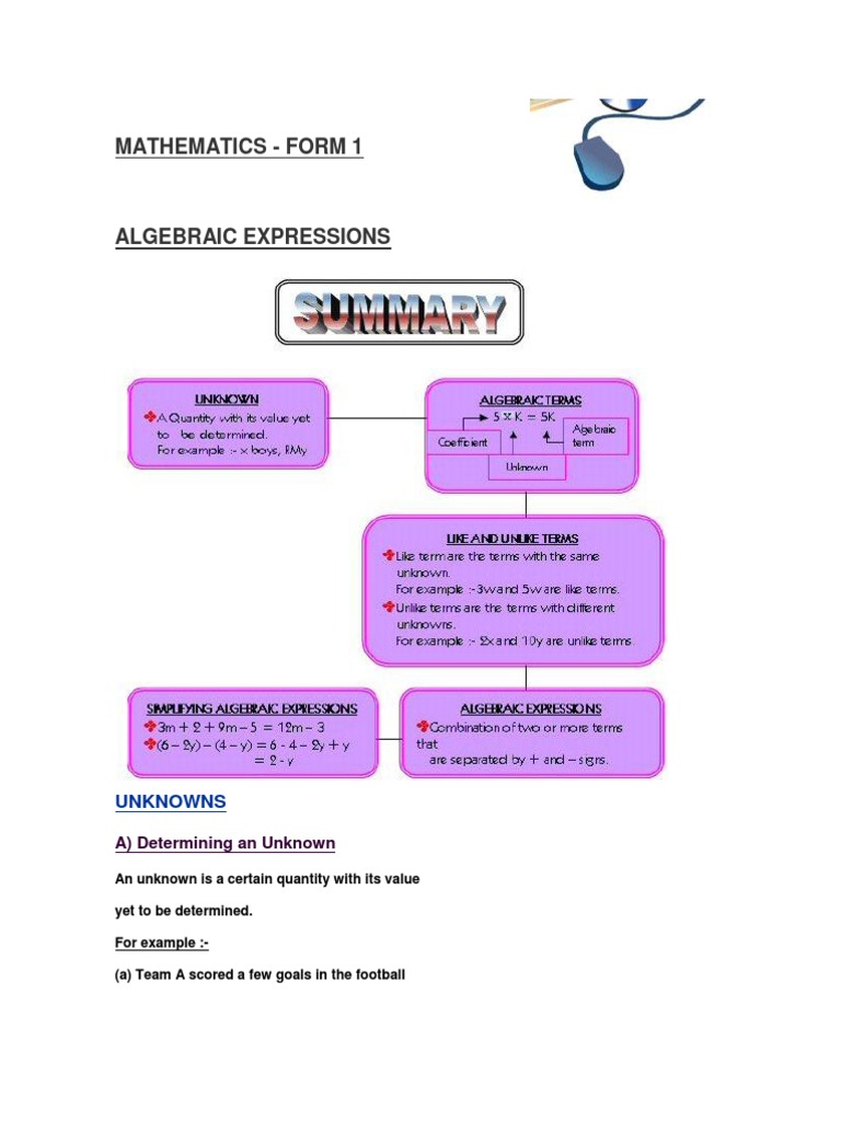 Mathematics F1-Algebraic Expressions | Mathematical Objects | Physics ...