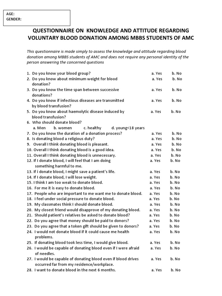 Questionnaire On Knowledge and Attitude Regarding Voluntary Blood ...