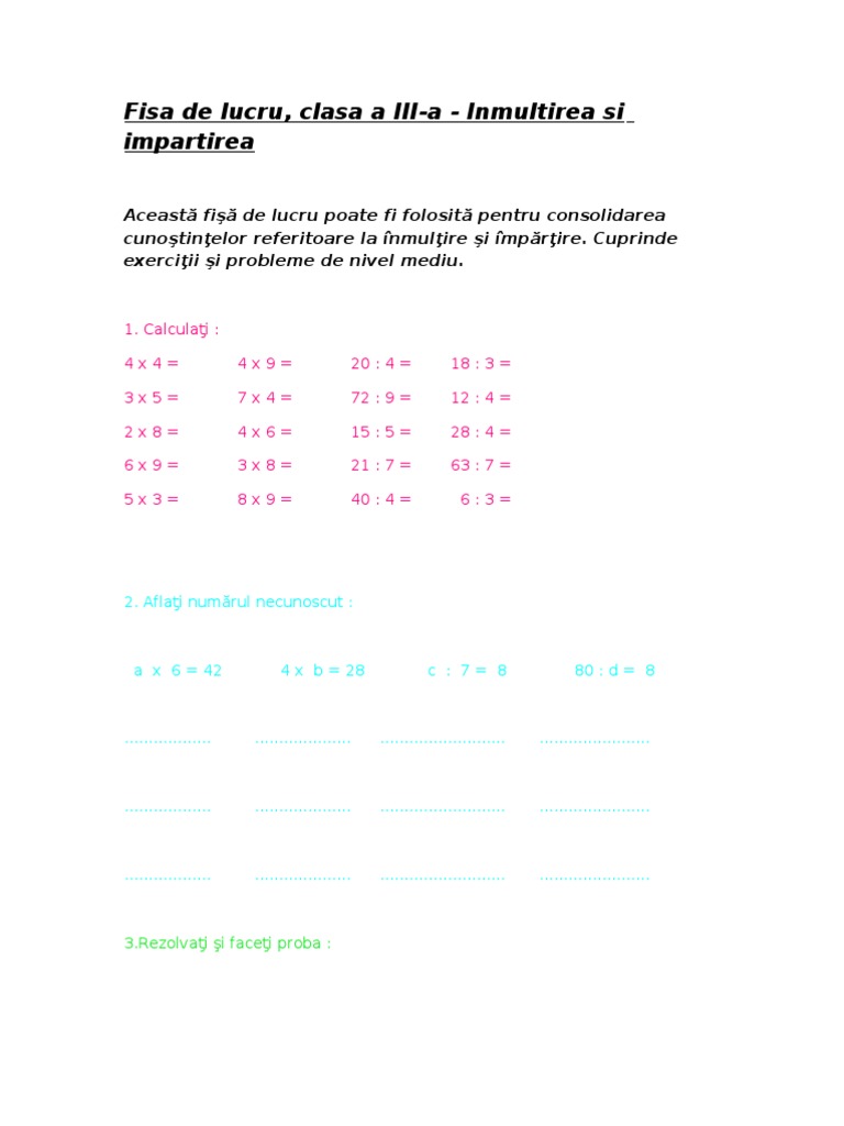Fisa de Lucru Clasa A Iiia Inmultirea Si Impartirea | PDF