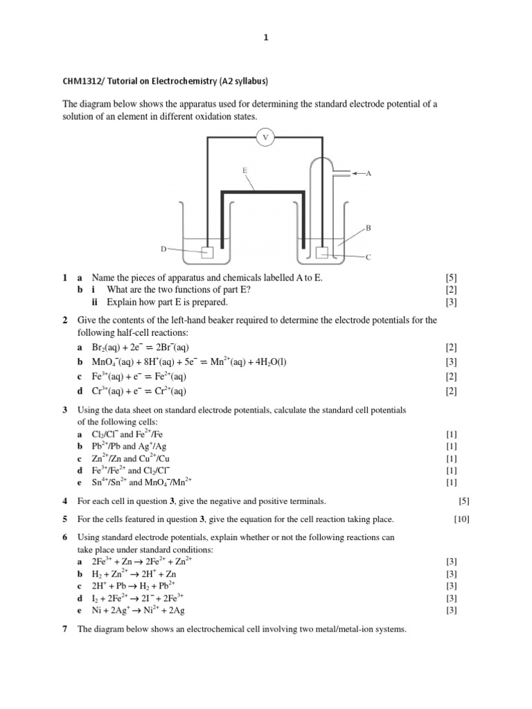 Tutorial Questions On Electrochemistry | PDF | Redox | Electrochemistry