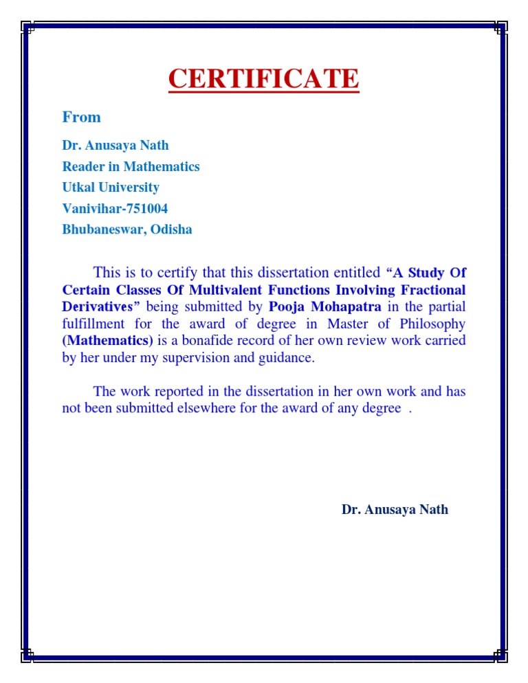 Multivalent Functions Dissertation Certificate | PDF