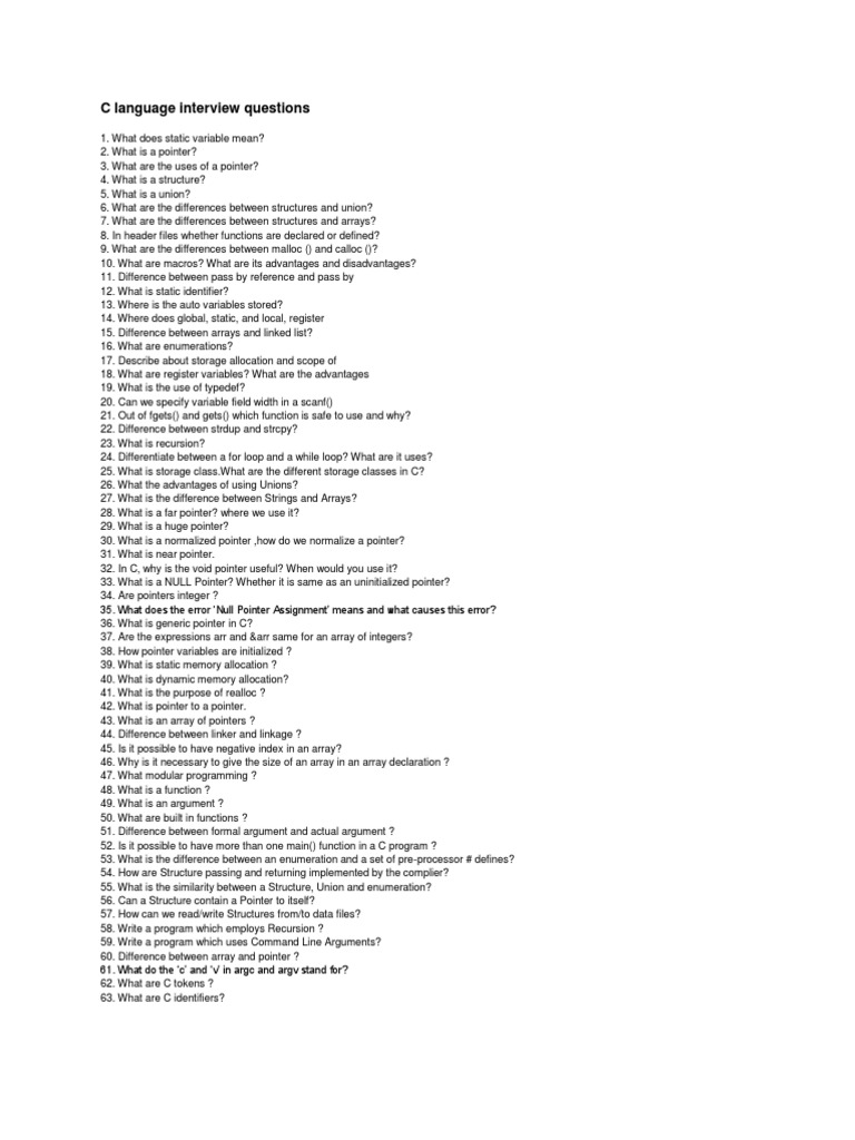 C Language Interview ions And Answers An In Depth Guide To Common