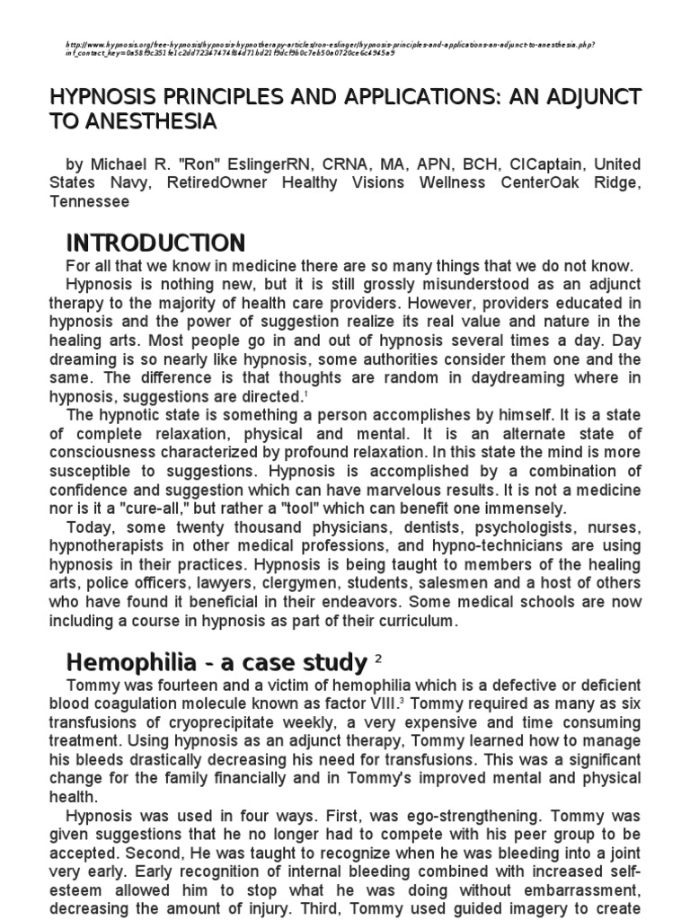 Hypnosis as Anesthesia Adjunct | PDF | Hypnosis | Anesthesia
