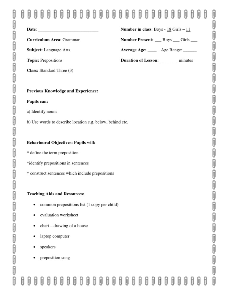 Prepositions lesson plan | Preposition And Postposition | Teachers