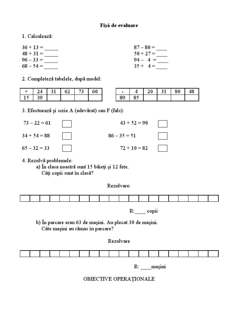 Fisa de Lucru Matematica Clasa I | PDF