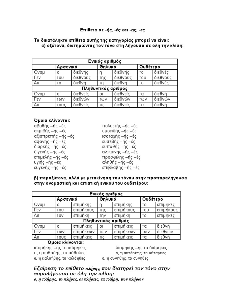 Γραμματική επίθετα σε ης-ης-ες | PDF