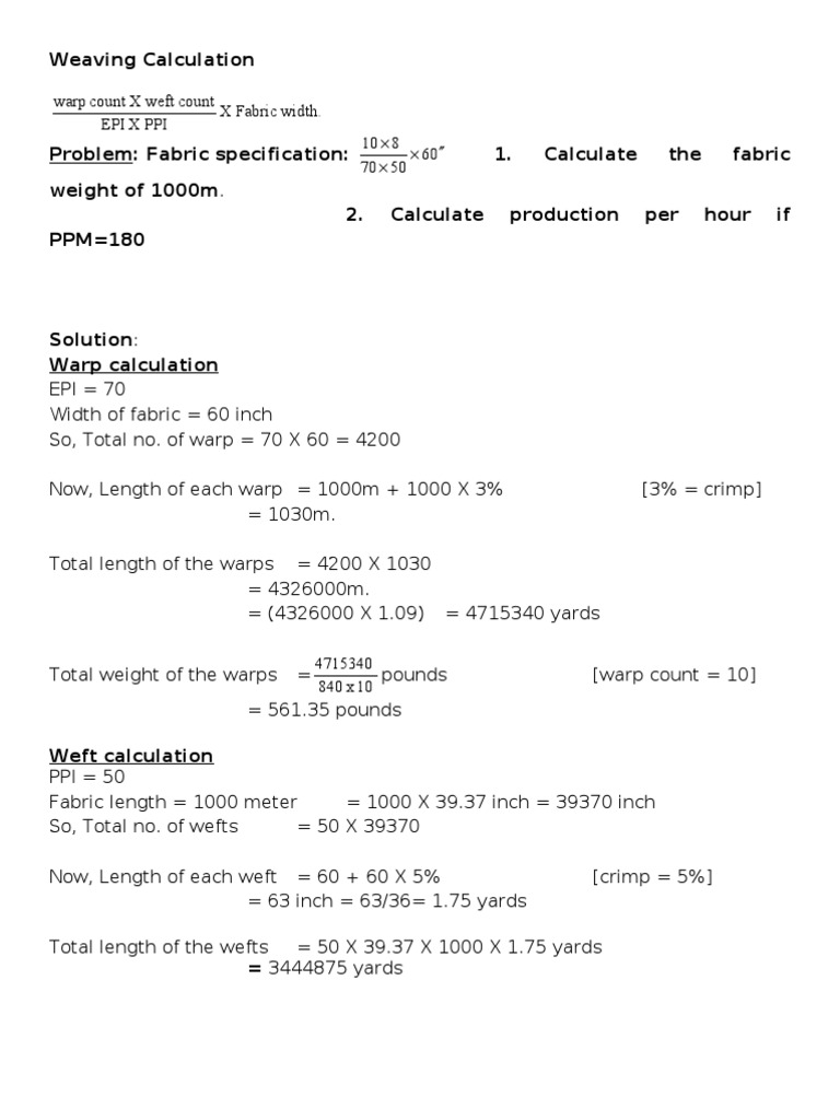 Calculation of Woven Fabric | PDF