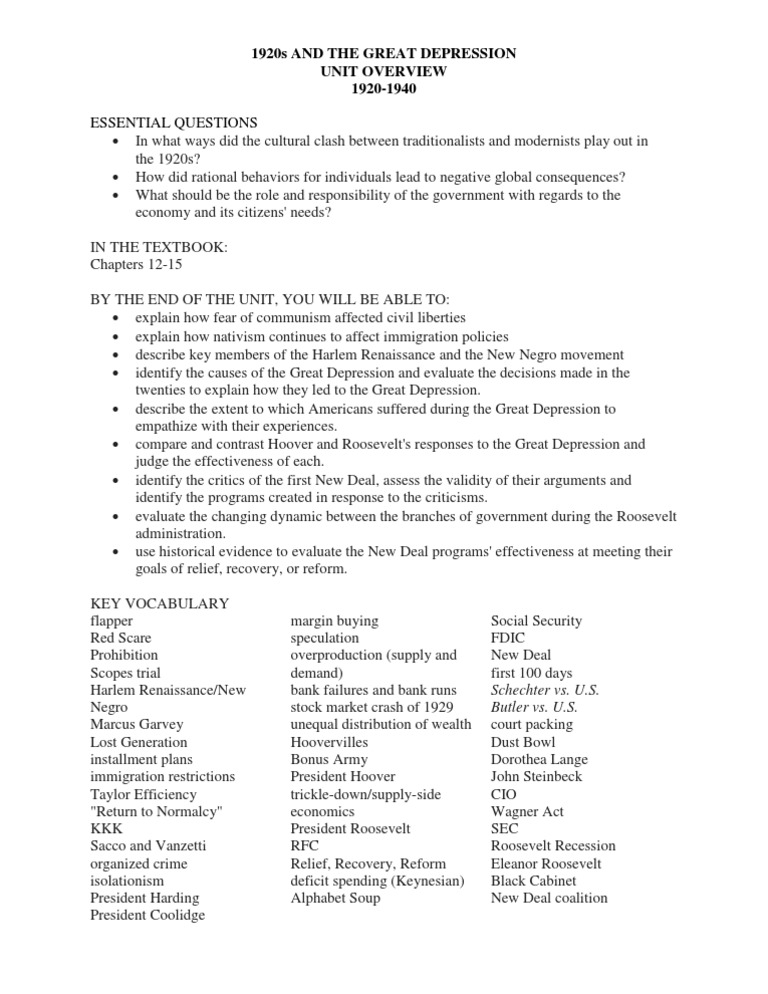 1920s Great Depression Unit Overview | PDF