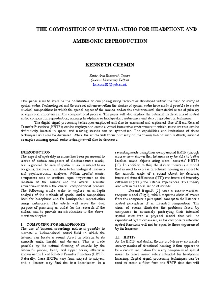 The Composition of Spatial Audio For Headphone and Ambisonic ...