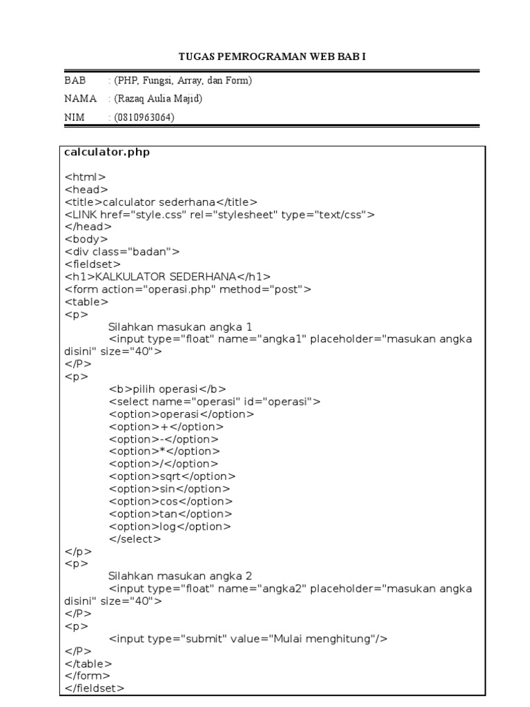 Kalkulator Sederhana dengan PHP dan HTML | PDF