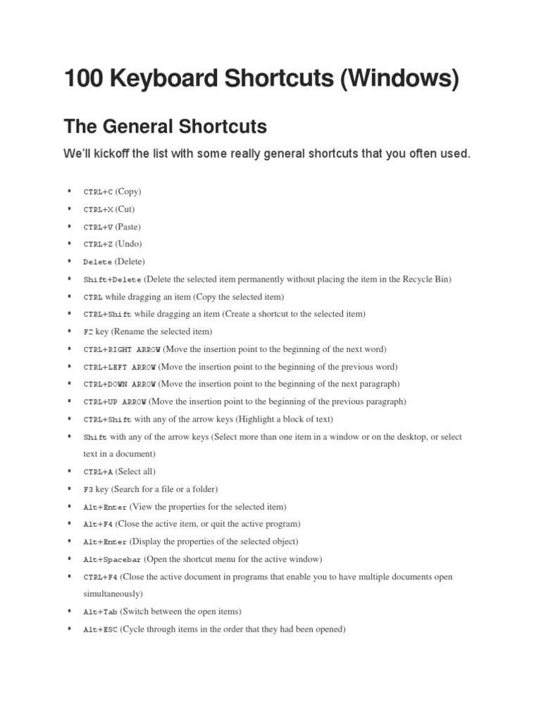100 Keyboard Shortcuts (Windows) | PDF