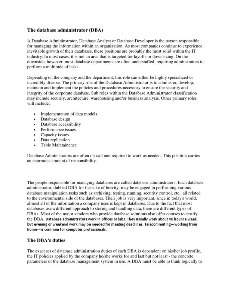 Database Administrator (DBA) Roles & Responsibilities | PDF | Oracle ...