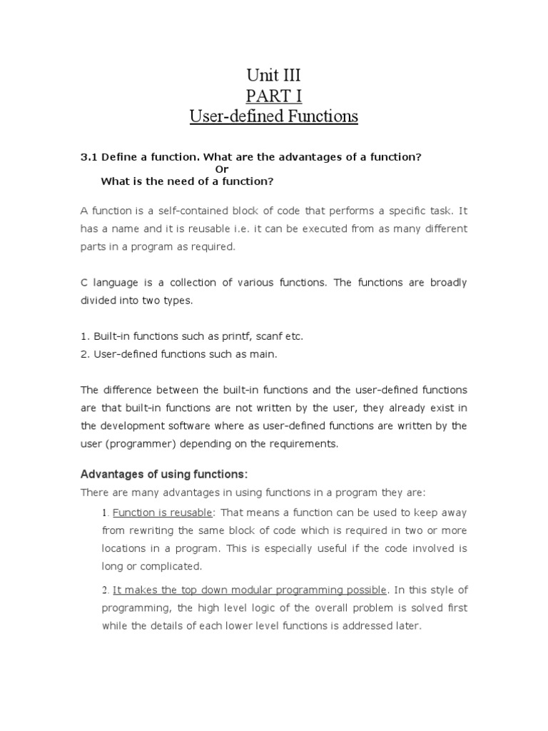 C Programming Language Functions Notes Pdf Parameter Computer Programming Subroutine