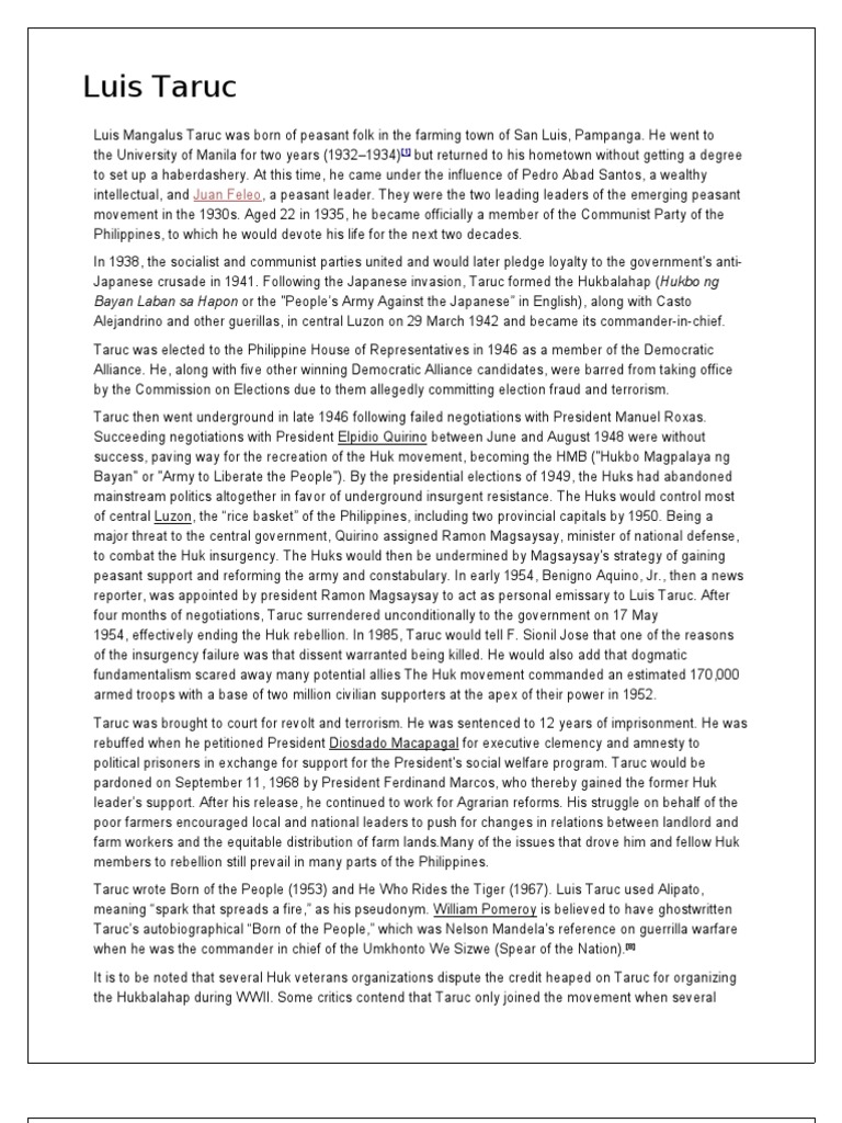 Luis Taruc Biography | PDF | Violence