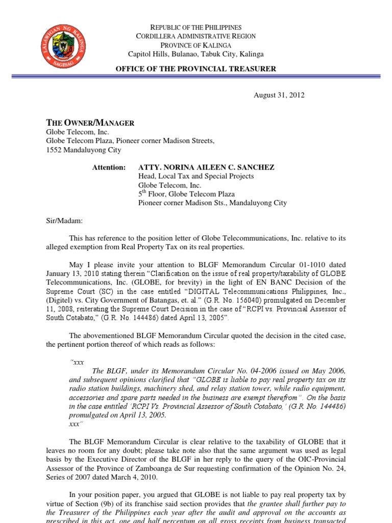 Letter to Globe in Re-Tinglayan Payment Protest | Taxpayer | Taxes ...