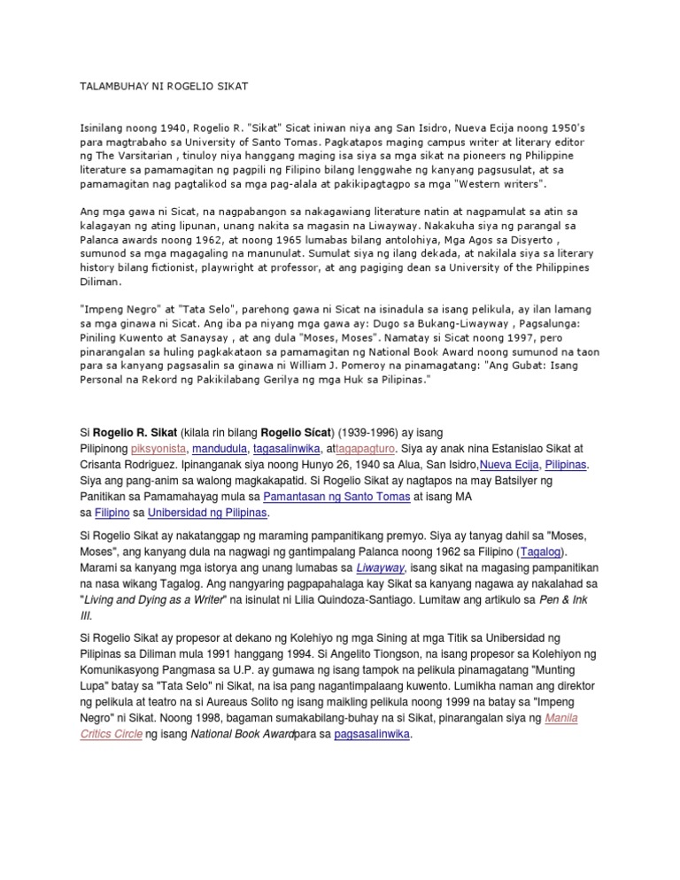 Talambuhay Ni Rogelio Sikat | PDF