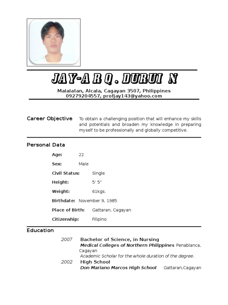 Student Resume Sample Filipino