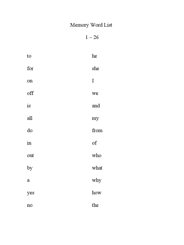 Memory Word List 1 - 26 | PDF