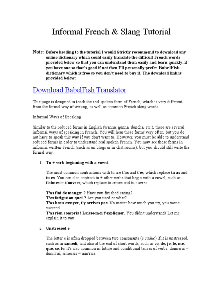 Informal French and Slang Tutorial | PDF