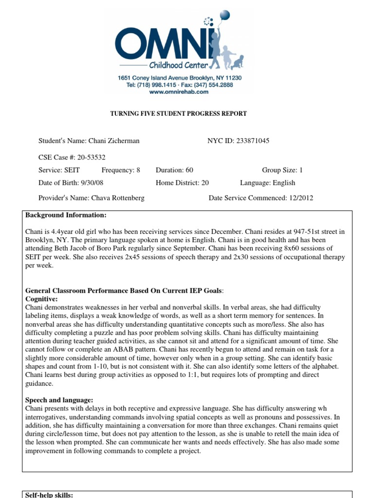 Turning Five Student Progress Report | English Language | Nonverbal ...