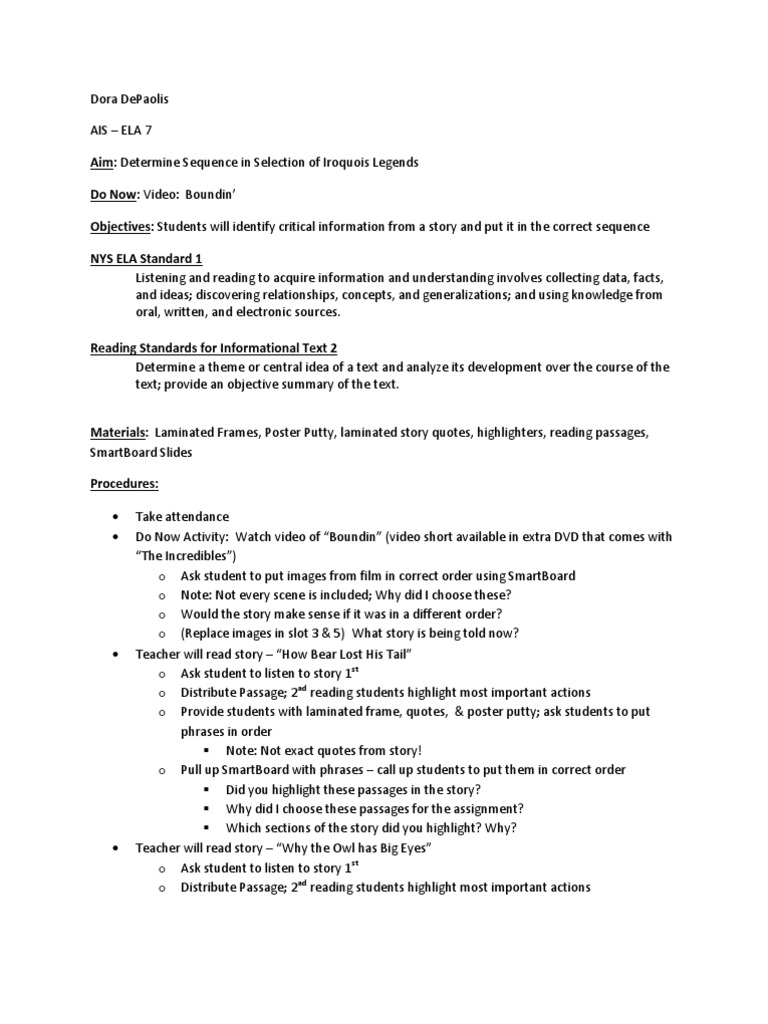 Sequence Lesson Plan | PDF | Lesson Plan | Reading (Process)